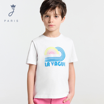 Jacadi亚卡迪法国男童纯棉短袖T恤夏季新款植绒印花上衣2041973