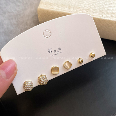 金色方形小巧耳环精致猫眼石耳钉