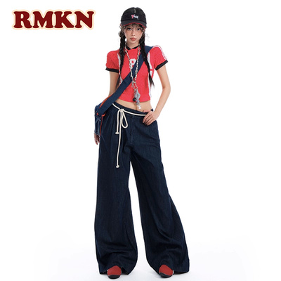 RMKN美式复古原牛垂坠感休闲直筒抽绳宽松双褶阔腿牛仔裤