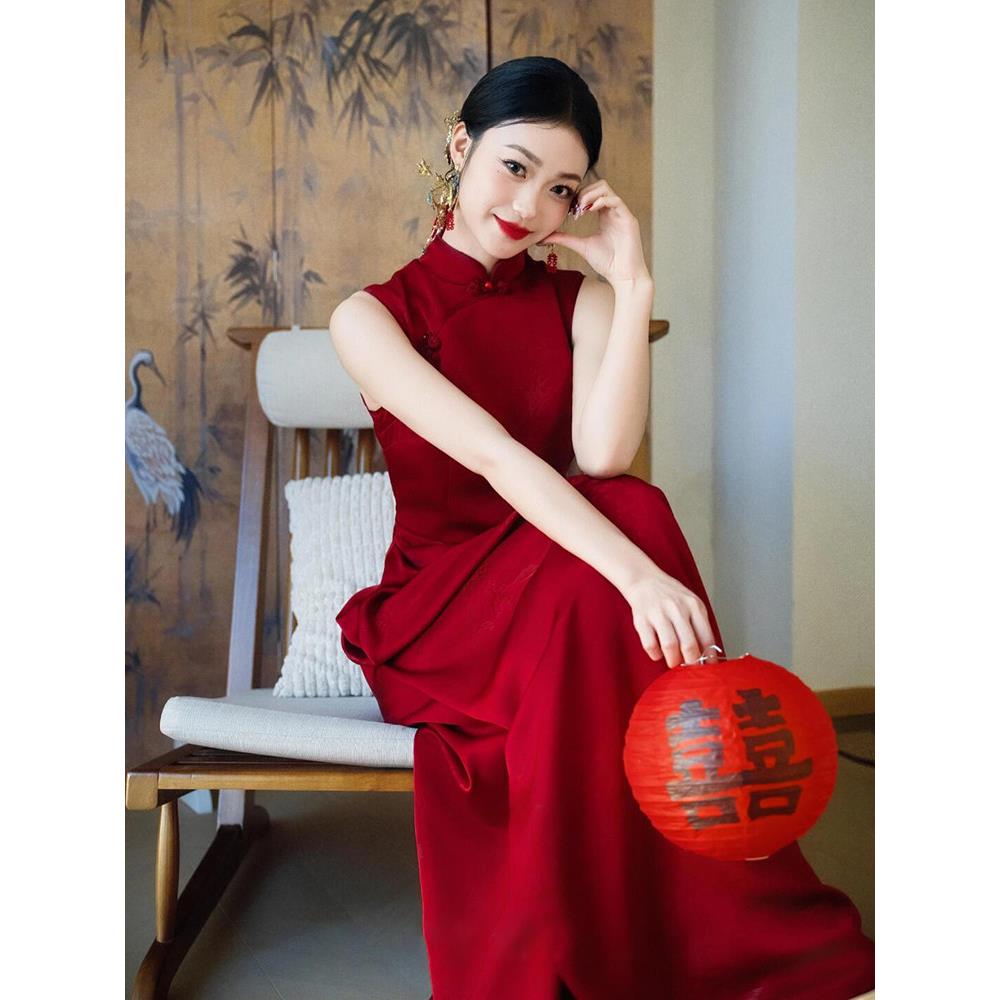 新中式订婚礼服裙新娘覆古酒红色迎宾晨袍高级感结婚回门敬酒长裙