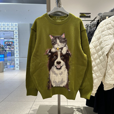 VM NY NB UR2025秋情侣同款趣味猫咪边牧狗狗提花圆领套头针织衫