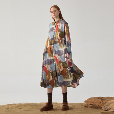 谜底纯棉连衣裙长袖2024冬季新品复古原创花色A型中长裙244ML1594