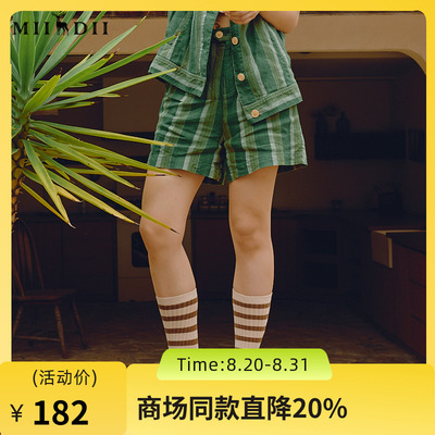 谜底H型直筒短裤女2024年夏季新品复古条纹亚麻透气裤子242MK0665