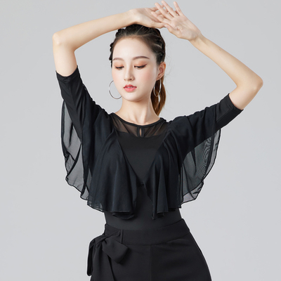 拉丁舞交谊国标网纱荷叶边女上衣