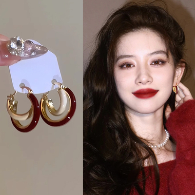 独特安可拉红撞色双层耳环女时尚小众独特设计高级感耳钉百搭耳饰