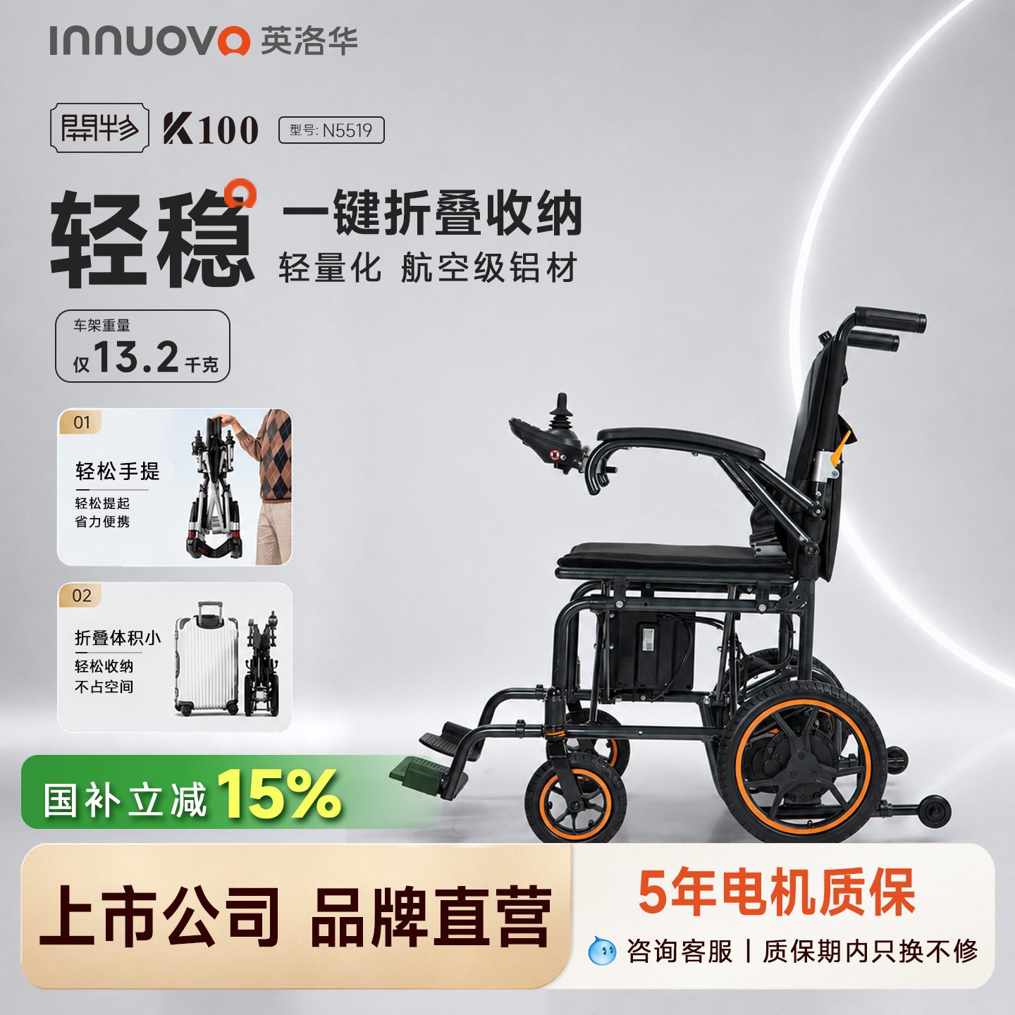 英洛华电动轮椅智能全自动折叠轻便老年代步车老人专用超轻轮椅车