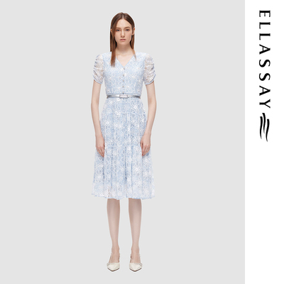 ELLASSAY歌力思夏季新款V领气质收腰镂空连衣裙女EWE342Y03400
