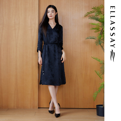 ELLASSAY歌力思秋季新款桑蚕丝国风竹叶提花连衣裙女EWA356Y01700