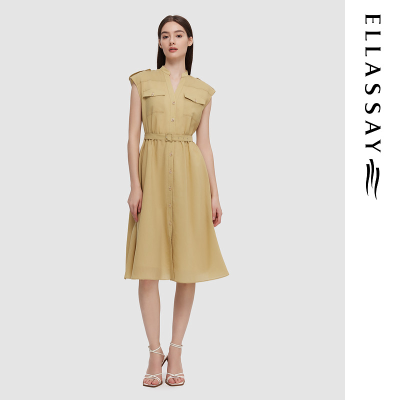 ELLASSAY歌力思春夏新款高腰无袖简约法式连衣裙女EWD351Y00700