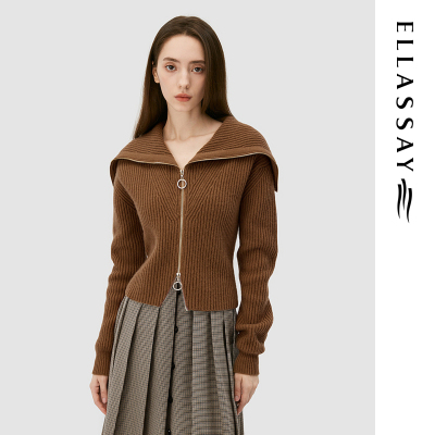 ELLASSAY歌力思秋季新款绵羊毛复古大翻领针织衫女EWB343M02100