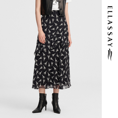 ELLASSAY歌力思秋季新款桑蚕丝荷叶边印花半身裙女EWW343Q01900