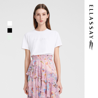 ELLASSAY歌力思夏季新款棉烫钻logo休闲圆领T恤女EWV352Z00300