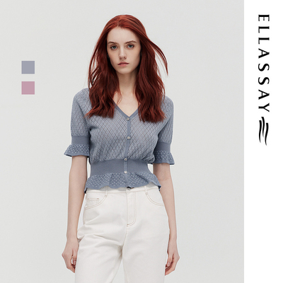 ELLASSAY歌力思夏季新款V领菱格修身棉质针织衫女EWF322M02800