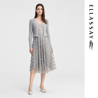 ELLASSAY歌力思秋季新款优雅气质灰色圆点连衣裙女EWE343Y03700