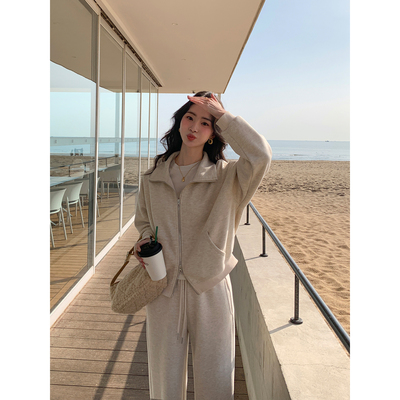 pusumede 松弛主义 立领卫衣外套女宽松拉链针织开衫+休闲裤套装