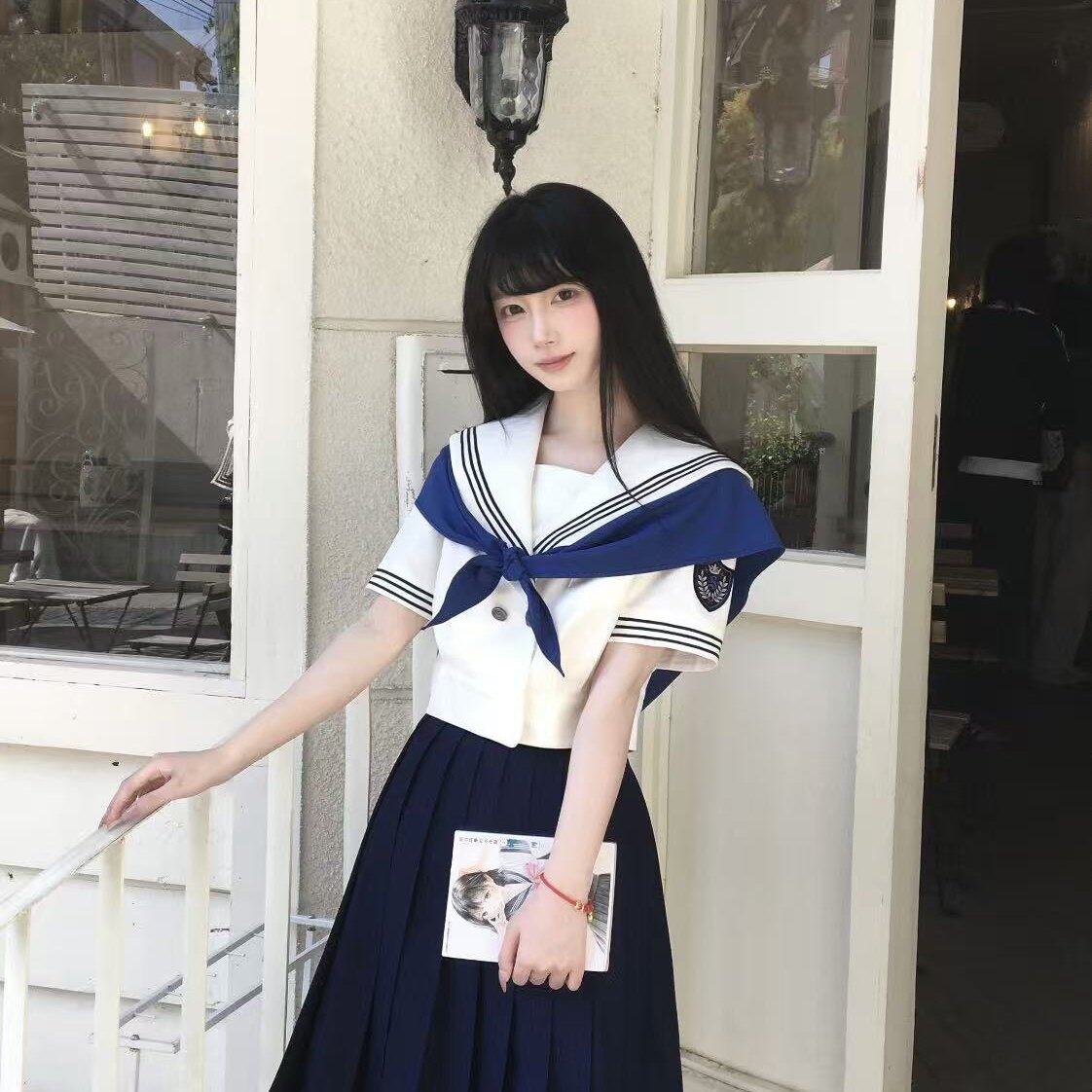 须弥芥子少年感水手服套装学院风JK制服绀色百褶裙
