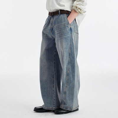 BUTTBILL 26SS弧线拼接12.8盎司复古通勤牛仔裤做旧丹宁休闲长裤