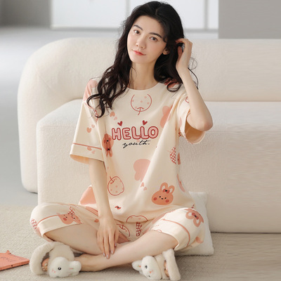 睡衣女夏纯棉夏季新款短袖七分裤韩版休闲可爱外穿家居服套装女士