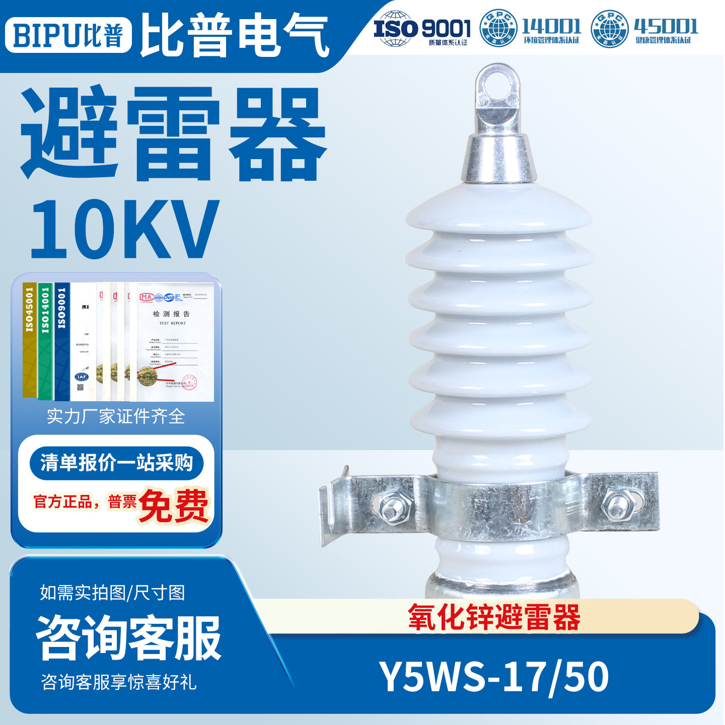 10KV户外高压陶瓷避雷器Y5WS-17/50 Y5WZ-17/45电站型配电型