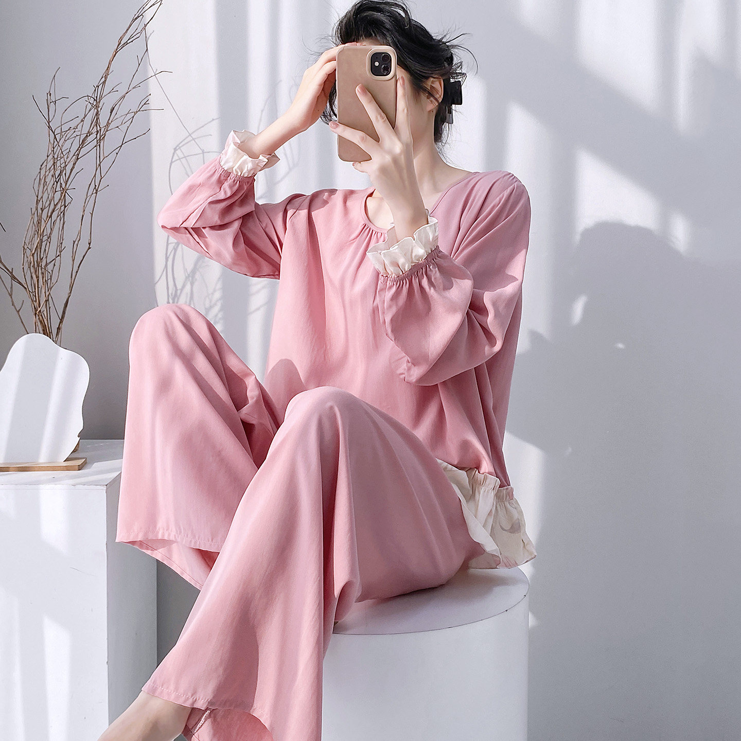 甜美公主风睡衣女人棉绸春秋夏季薄款荷叶边绵绸家居服套装花边款