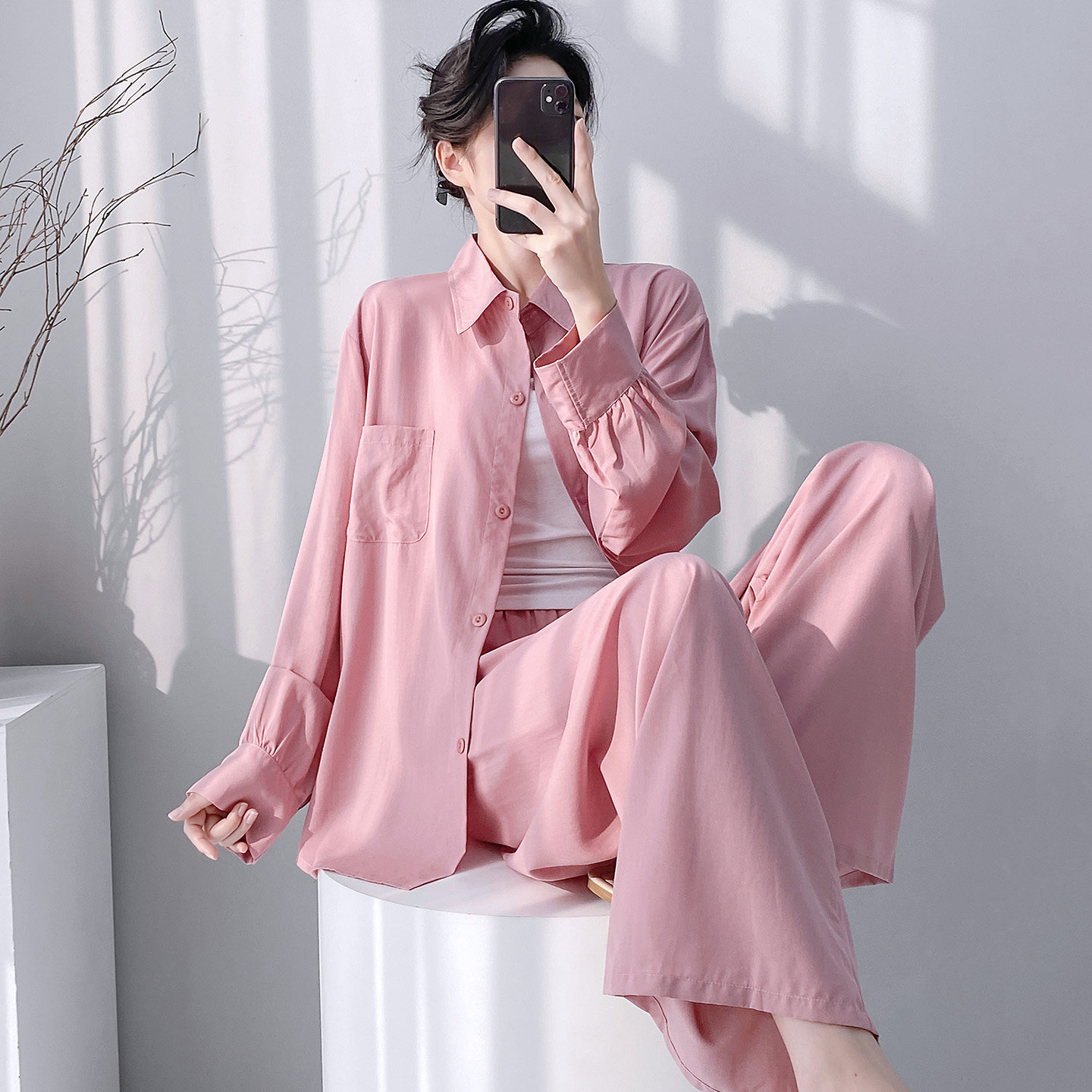 绵绸两件套装睡衣女棉绸简约风春秋衬衫领高级感薄款家居服夏季