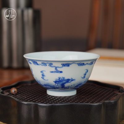 见山烧青花陶瓷复古福山寿海茶杯