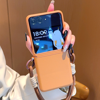 适用摩托罗拉razr60ultra手机壳全包防摔创意棕色便捷motorazr60折叠屏网红Razr60Pro新款手提编织绳