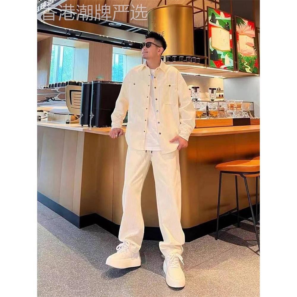 轻奢秋季男士极简风潮流条纹休闲套装宽松时尚衬衫外套长裤两件套