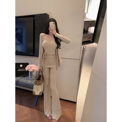 NAYA CHAN 韩系休闲春秋装穿搭一整套针织开衫吊带长裤三件套女