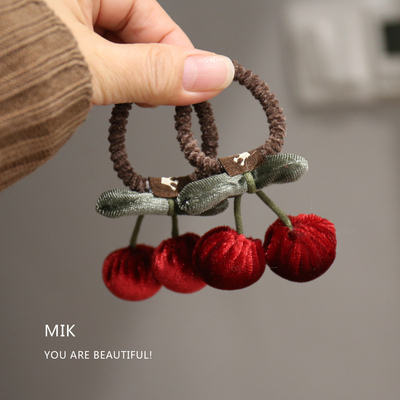 女孩发饰皮筋酒红丝绒樱桃儿童发圈一对双马尾丸子头头饰