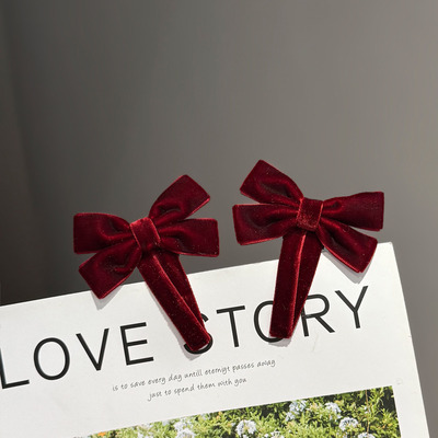 秋冬酒红丝绒蝴蝶结儿童发夹掰掰夹女孩刘海夹碎发夹子韩版头饰