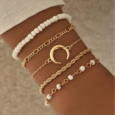 5piece fashion moon Bracelet women时尚月亮覆古米珠手錬饰品女