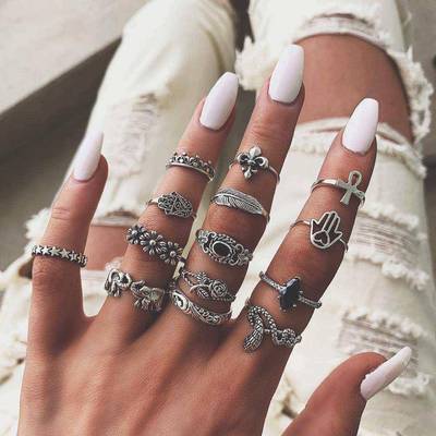 Retro fashion European style flower leaf joint ring set戒指