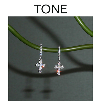 TONE5A超闪锆石十字架耳夹耳圈蚊香盘百搭精致气质高级无耳洞耳扣
