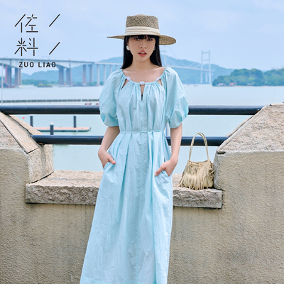佐料女装宽松版系带圆领连衣裙棉