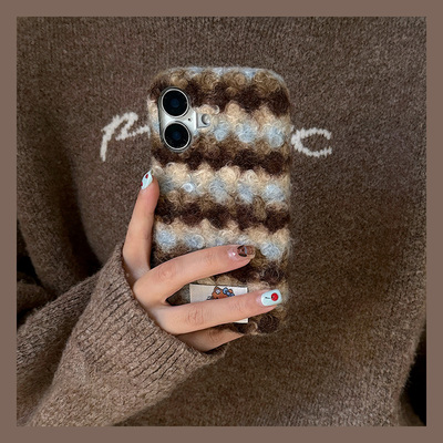 秋冬蓝棕条纹适用苹果17手机壳三星s25毛绒kt猫opporeno14贴纸vivox200华为pura80凯蒂猫mate70荣耀400小米17