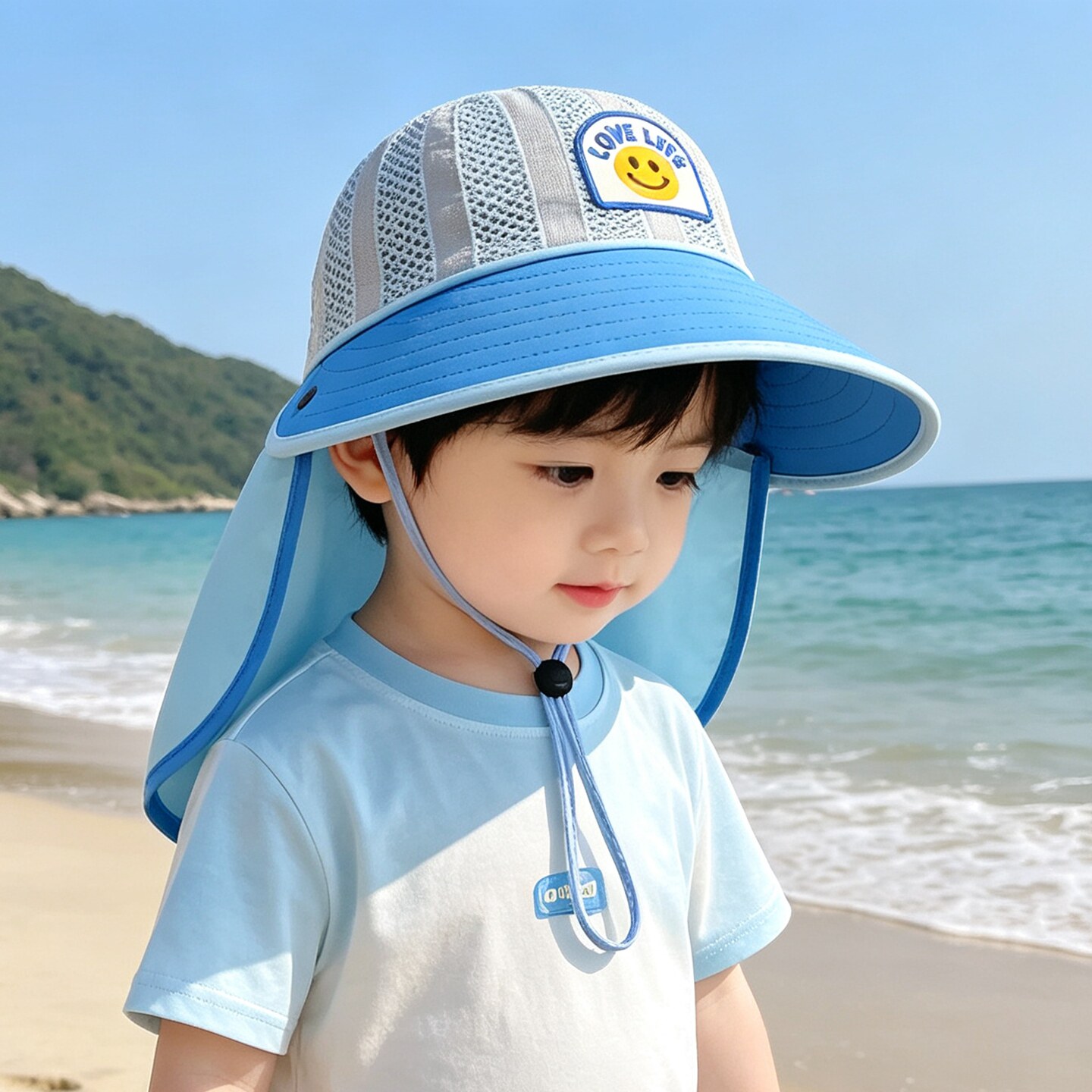 儿童遮阳帽子夏季大檐渔夫帽可拆披肩防晒帽男女童透气宝宝太阳帽