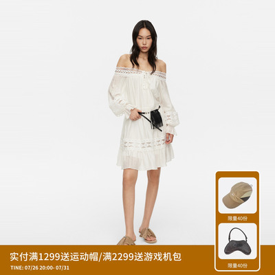 REVAN芮范设计师款流苏腰包一字领蕾丝拼接白色连衣裙RK31101122