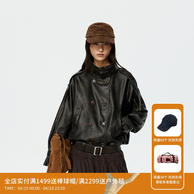 REVAN芮范设计师款经典机车风双排扣PU皮衣短外套RK10105390