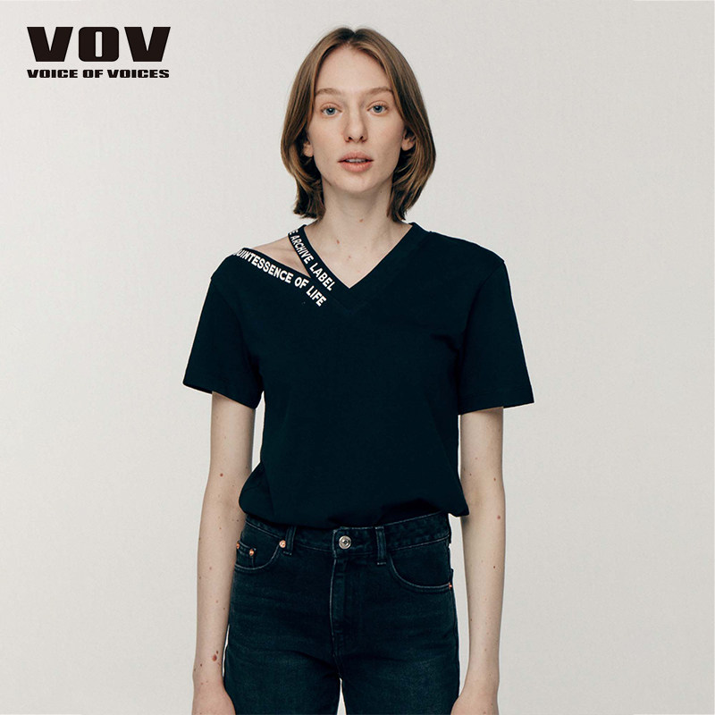 vovT恤夏季新品女士V领个性露肩百搭上衣t恤61122401756_虎窝淘