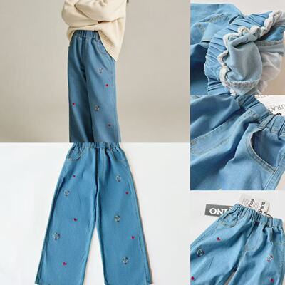 外单女童120-160春季新款弹力松紧腰刺绣爱心牛仔阔腿裤长裤裤子