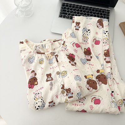 日系圆领黑皮Kitty乐园睡衣女