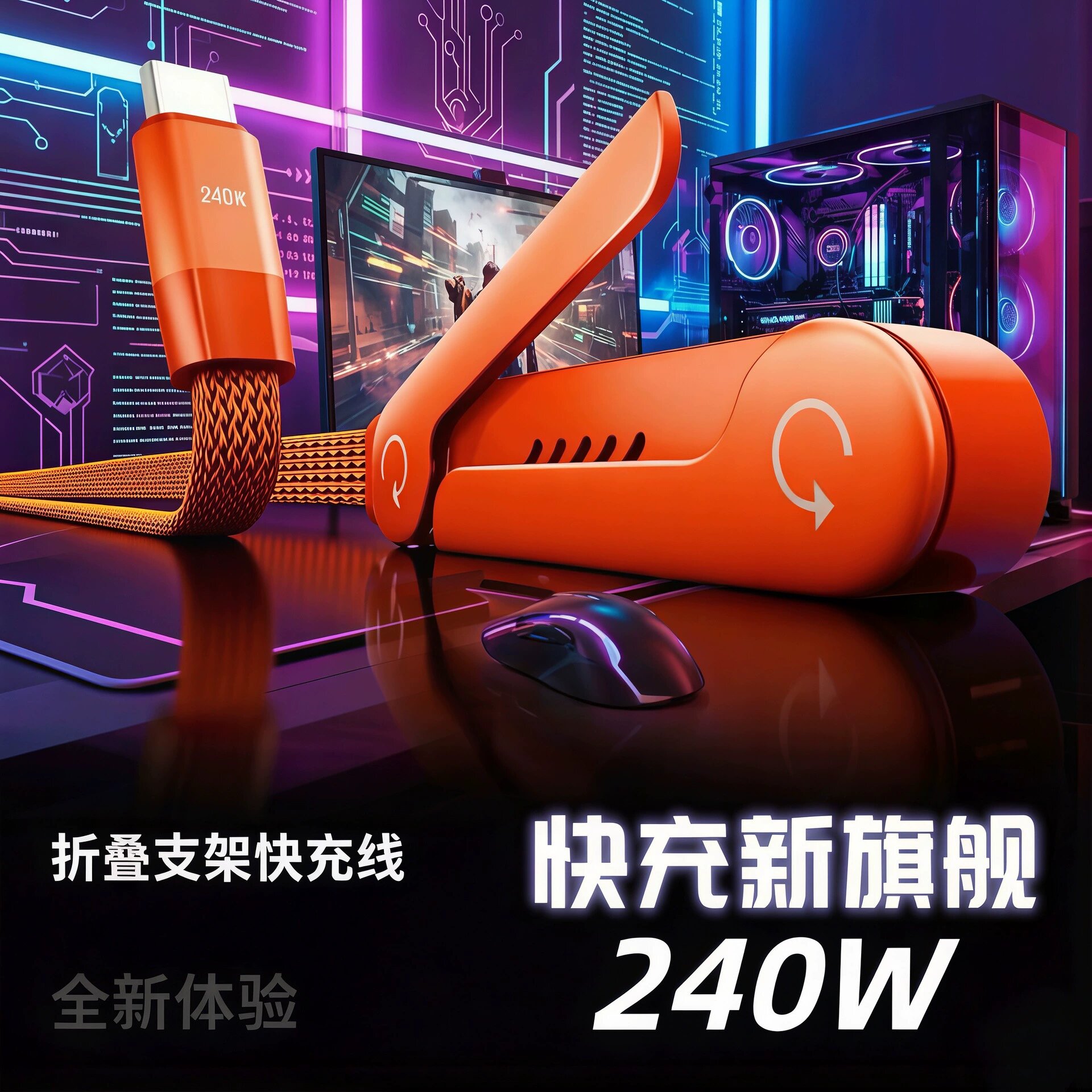 双type-C数据线带手机支架240W快充适用苹果15/16华为小米笔记本iPad平板iPhone17追剧手游弯头充电线