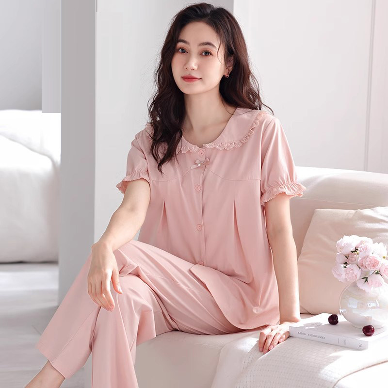 2026新款睡衣女士夏季纯棉短袖长裤家居服简约妈妈春夏薄款套装