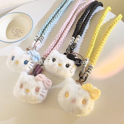 网红动漫卡通毛茸茸可爱毛绒KT猫公仔挂件手机壳编织尼龙斜跨长绳户外旅行结实耐用ccd相机侧肩便携挂脖女款