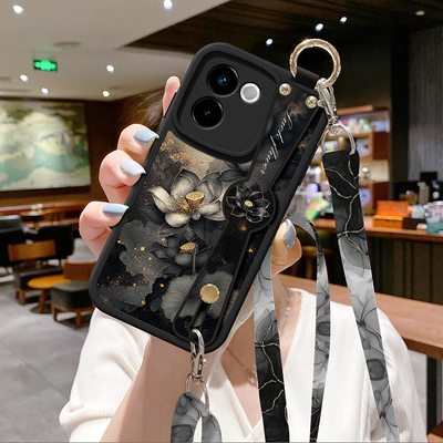 适用vivo y200手机壳y100油画荷花y500i斜挎挂绳y76s背带y55s防摔y77腕带y73S软硅胶74s保护套y300i外壳y78女