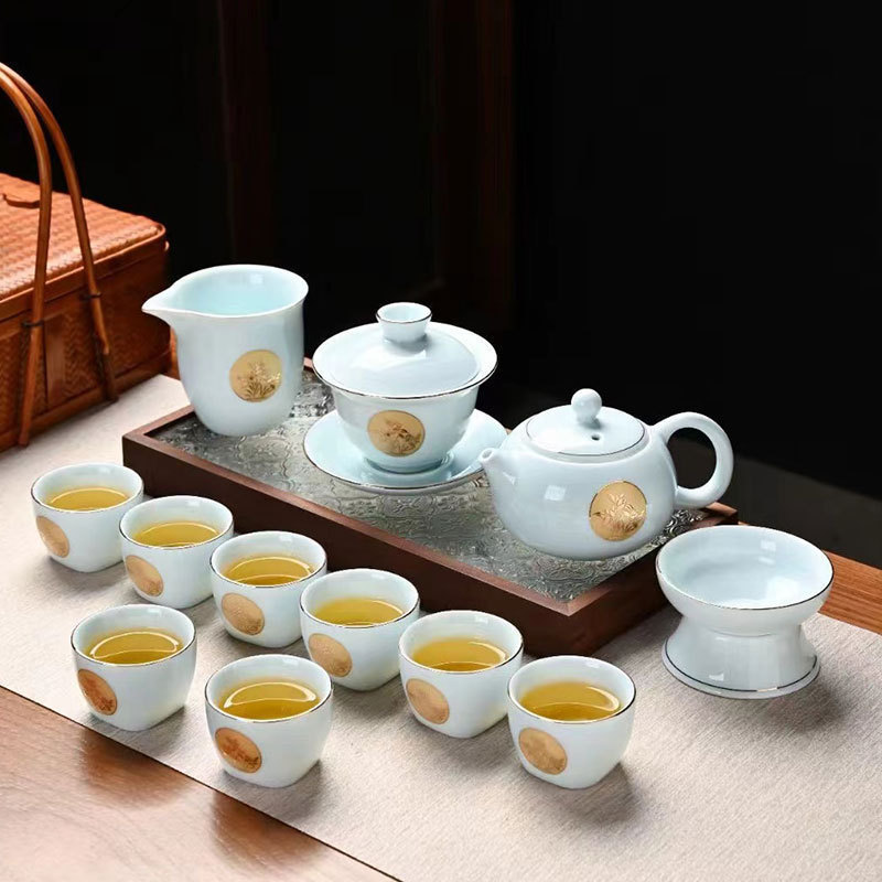 陶瓷茶具套装家用三才盖碗泡茶碗品茗杯功夫茶具中式影青礼盒