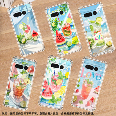 适用谷歌Pixel6Pro手机壳男女款气囊壳谷歌Pixel7Pro夏天冰饮中国风硅胶商务简约Google全包边时尚保护套