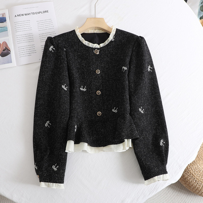 甜酷香风蝴蝶结刺绣花边针织开衫