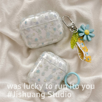 日韩透明蓝色花朵带挂饰适用airpods4保护套airpodspro3代苹果耳机套二代无线蓝牙保护壳airpod3女款全包软壳